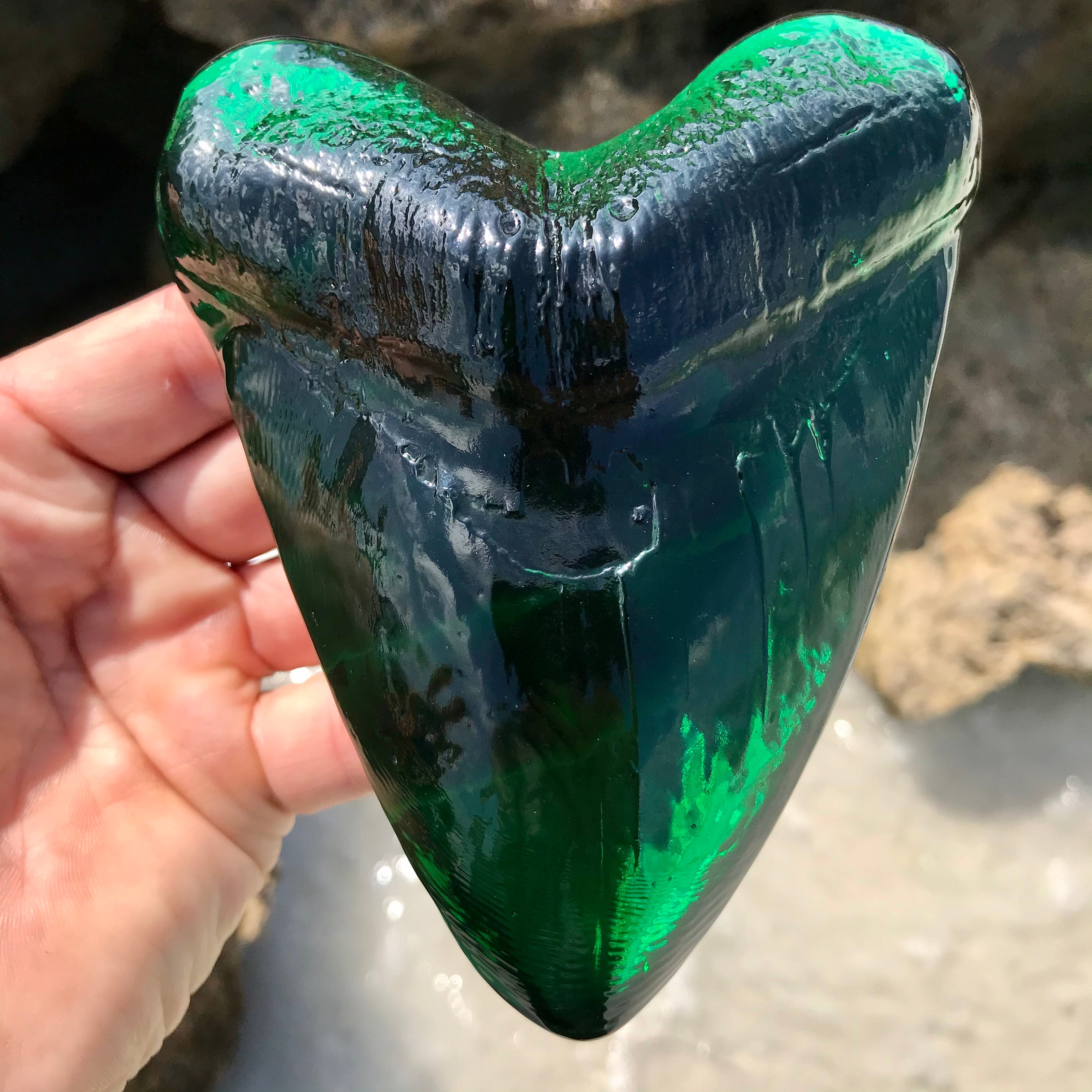 Emerald Glass Megalodon Fossil Shark Tooth Art – Primitive Past